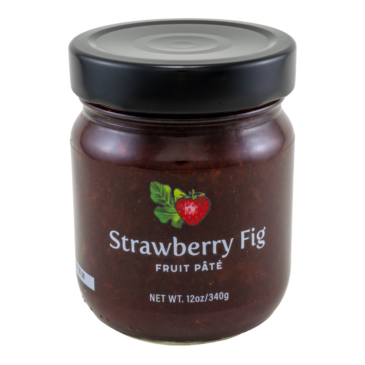 Close-up front view of the Strawberry Fig Fruit Pate 12 oz. glass jar.
